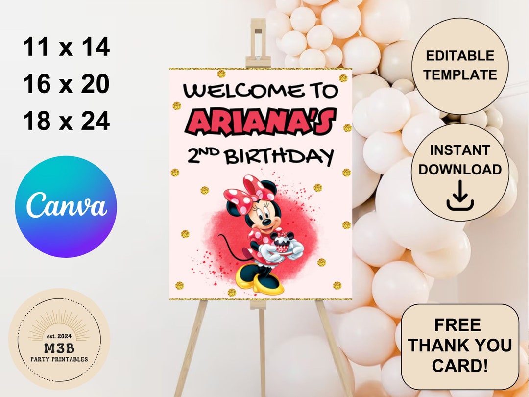 Minnie Mouse Birthday Welcome Sign, Minnie Mouse Editable Personalized ...