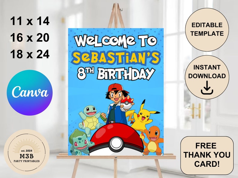 Pokemon Birthday Welcome Sign, Personalized Pikachu Ash Poster ...