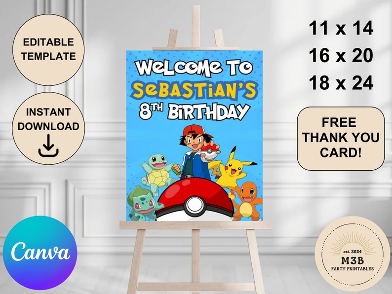Pokemon Birthday Welcome Sign, Personalized Pikachu Ash Poster ...
