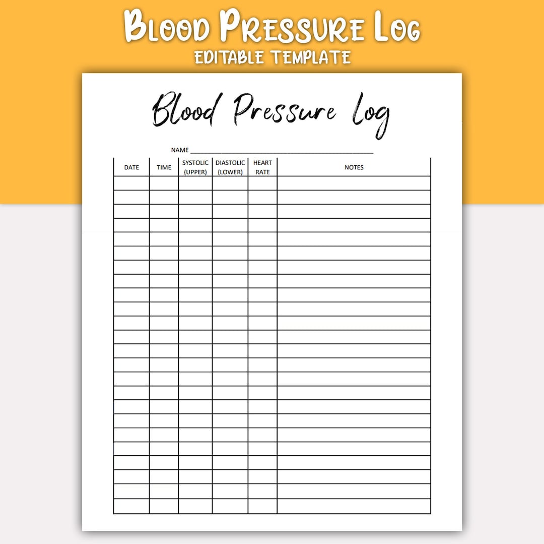 Blood Pressure Log Editable Printable, Blood Pressure Tracker, Medical ...