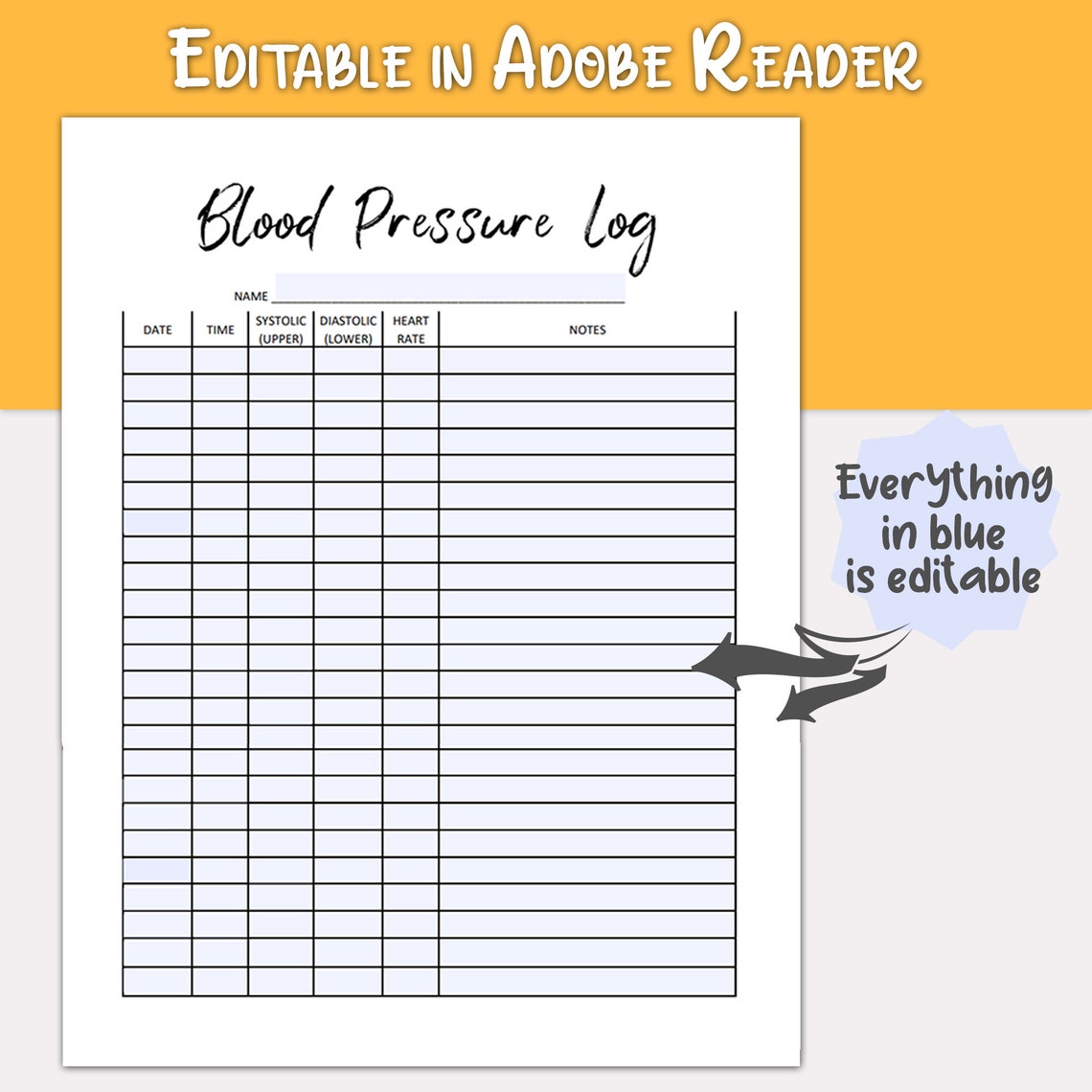Blood Pressure Log Editable Printable, Blood Pressure Tracker, Medical ...