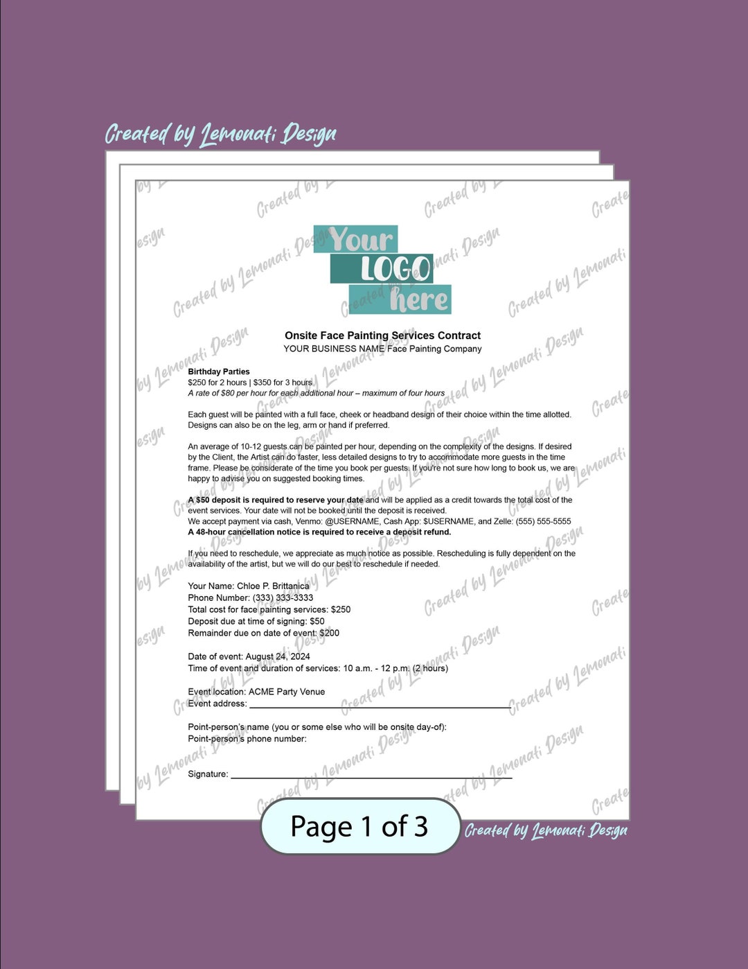 Editable Facepainting Contract Template, Event Face Painter Intake Form ...