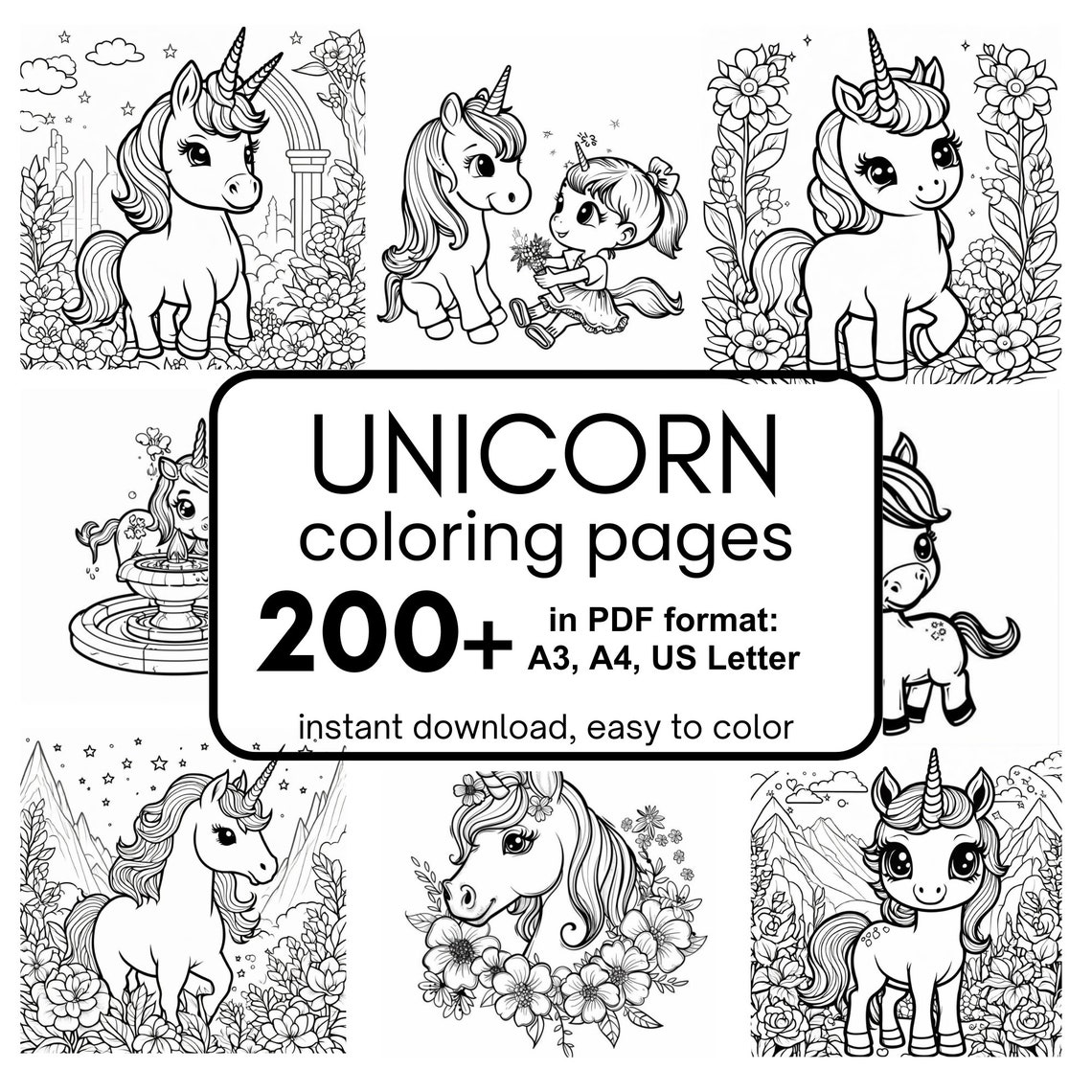 200 Printable Coloring Pages for Kids, Unicorn Coloring Book, Cute ...
