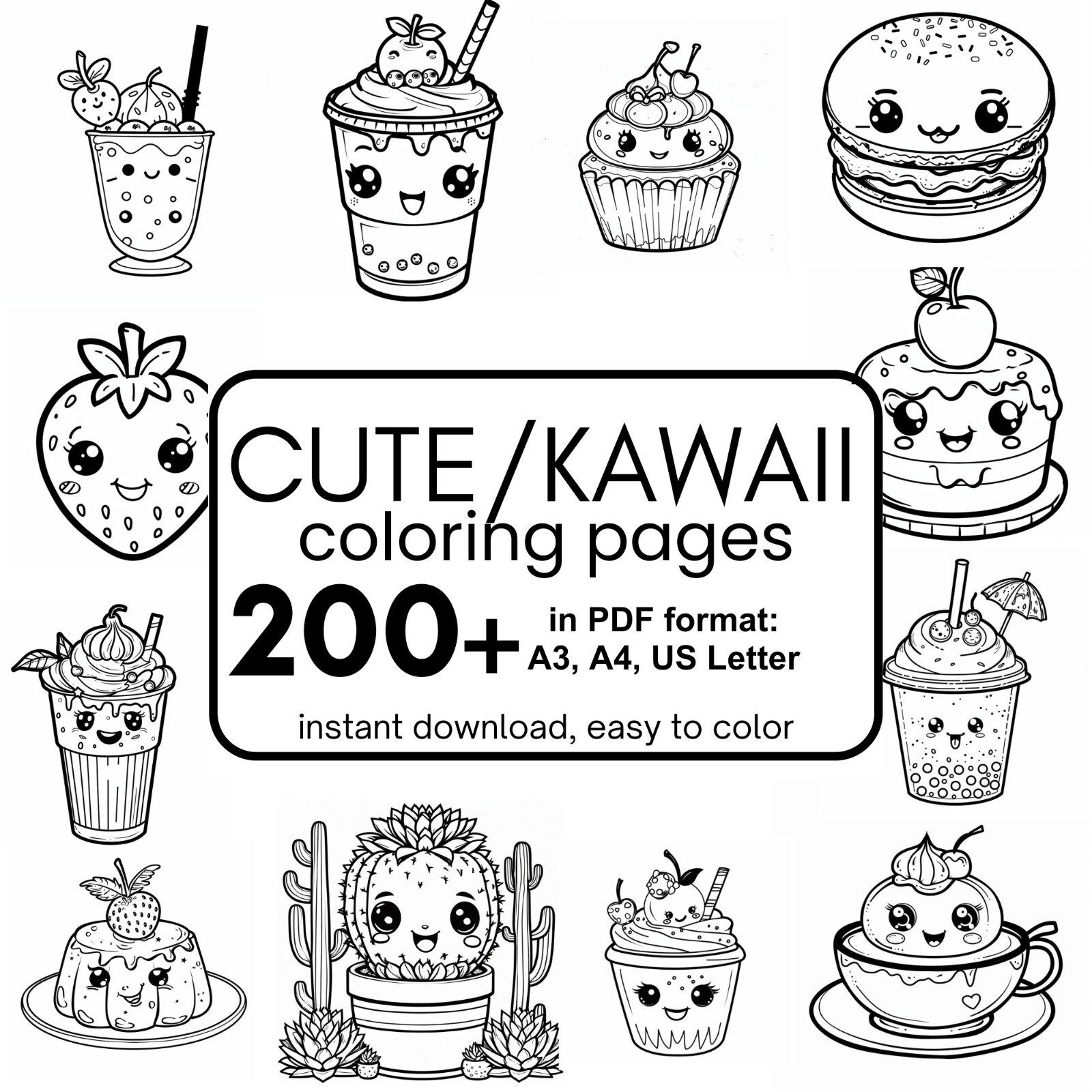 200 Kawaii Coloring Pages, Cute Coloring Pages for Kids, Dessert ...