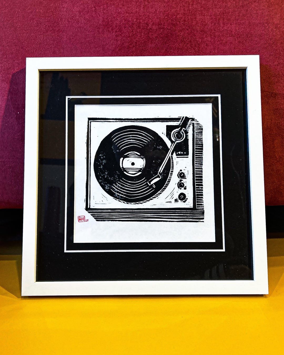 Linocut: Vintage Retro Record Player - Art Print - Hand-printed ...