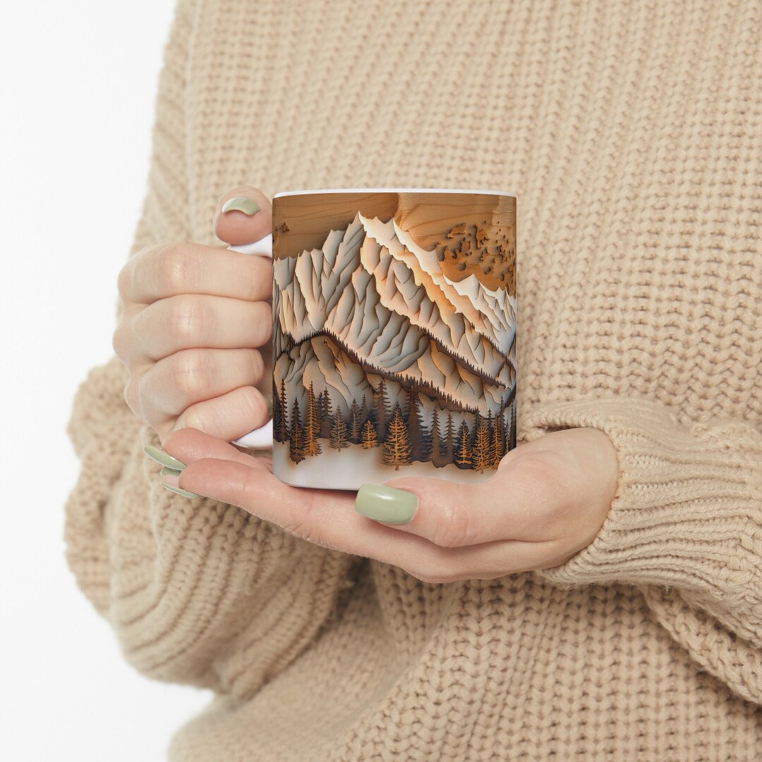 Mountain Range Mug, Wood Panel Tea Cup, Rustic Modern Art, Cottagecore ...