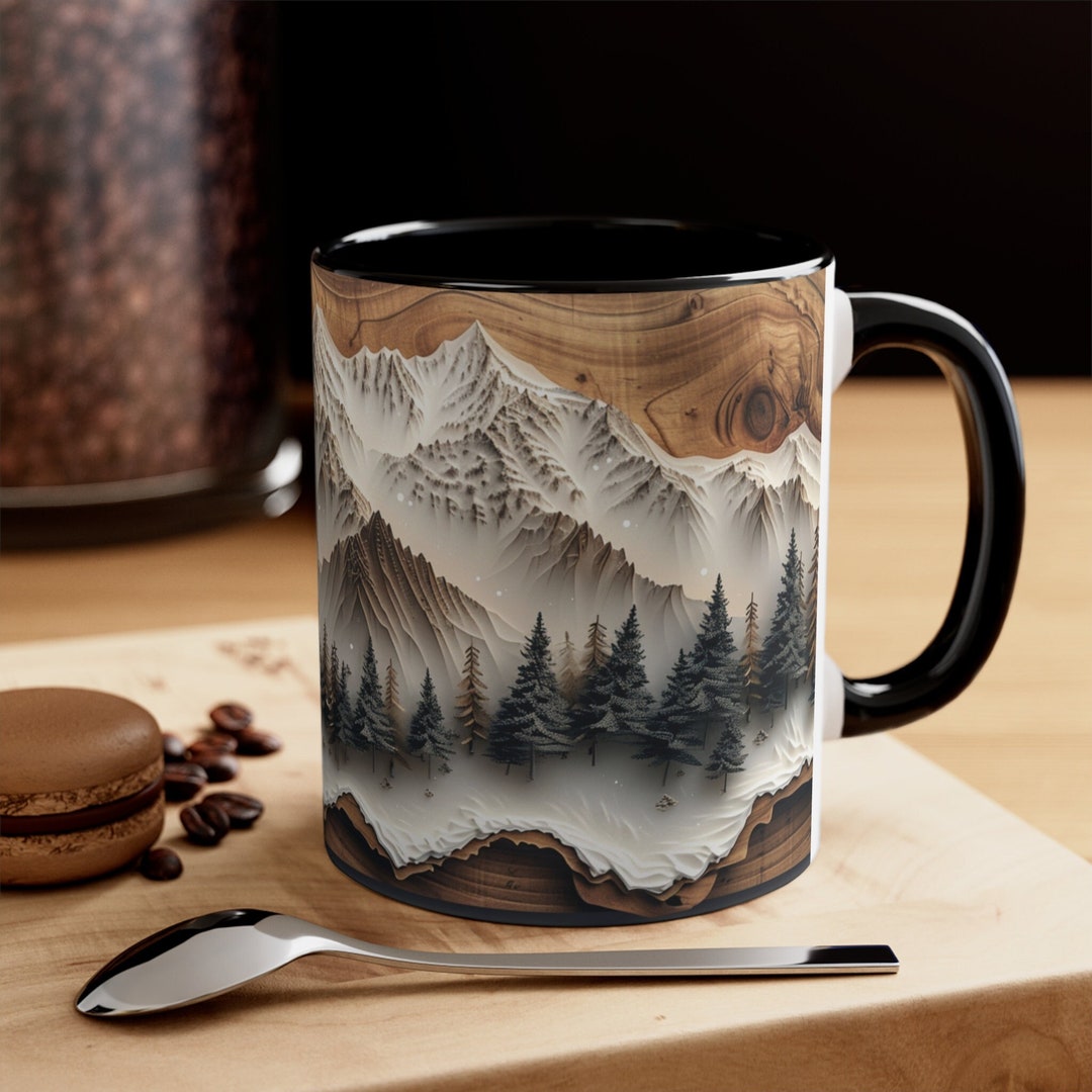 Snowy Mountain Range Mug, Wood Panel Tea Cup, Evergreen Trees Mug ...
