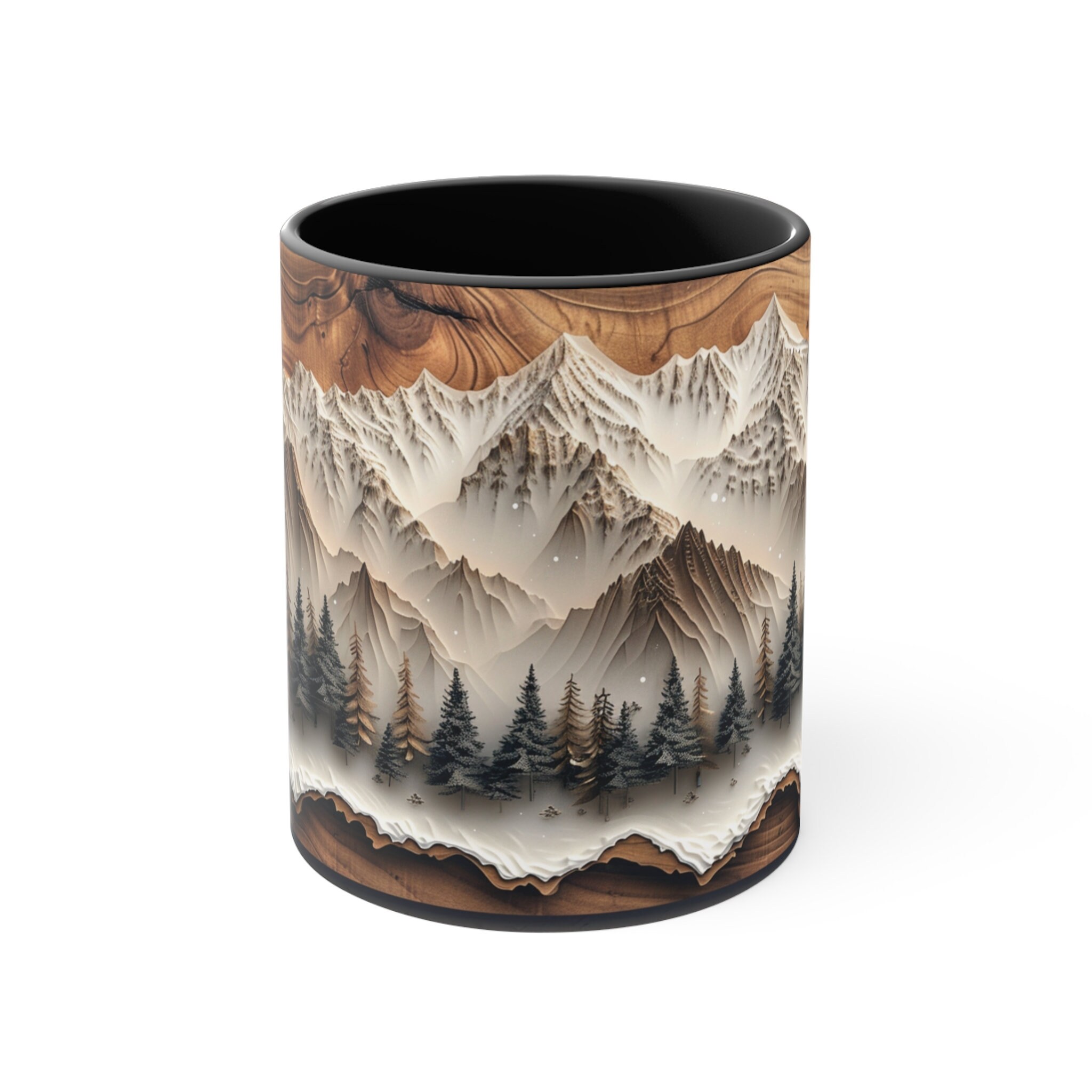 Snowy Mountain Range Mug, Wood Panel Tea Cup, Evergreen Trees Mug ...