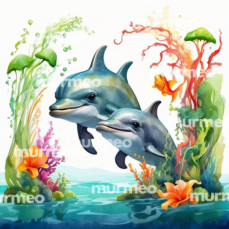 Cute Pair of Dolphins Clipart, 14 Cute Dolphins, Printable Watercolor ...