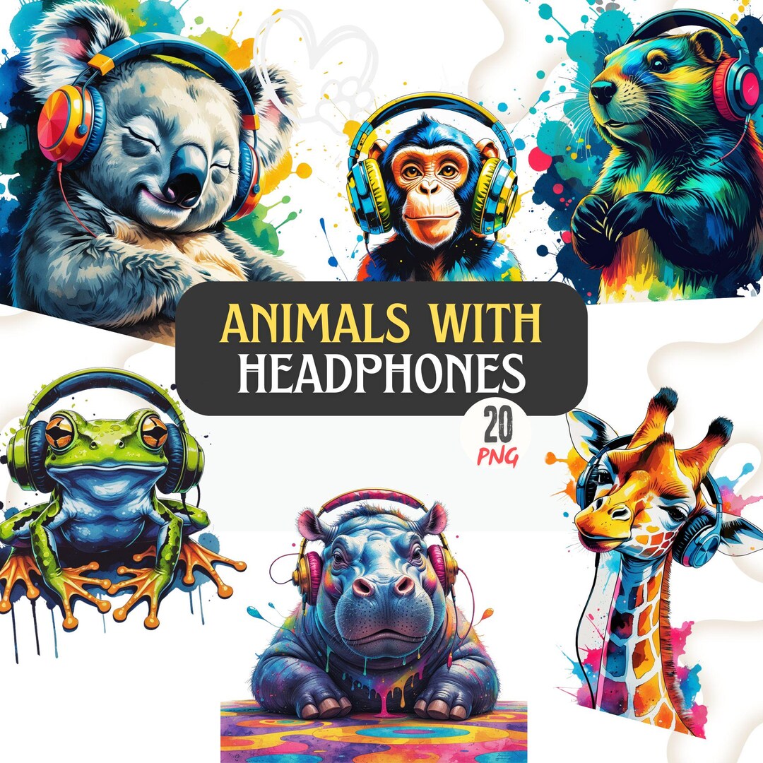 Adorable Animals in Headphones Watercolor Clipart Bundle | 20 Cute ...