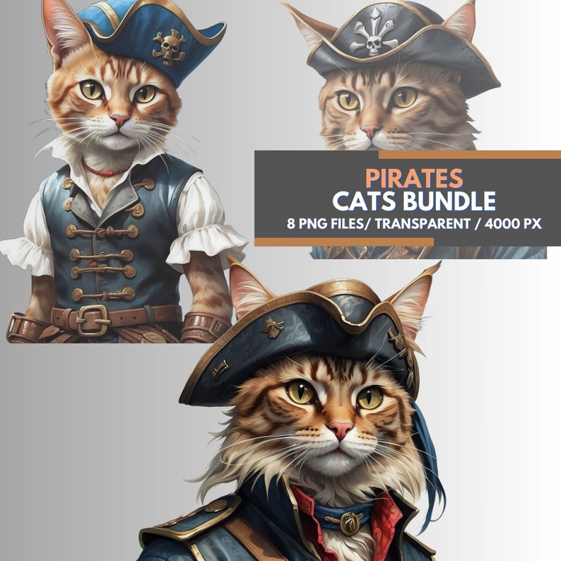 Pirate Cats Clipart, 8 Transparent PNG Set, Fun Feline Graphics, Set ...