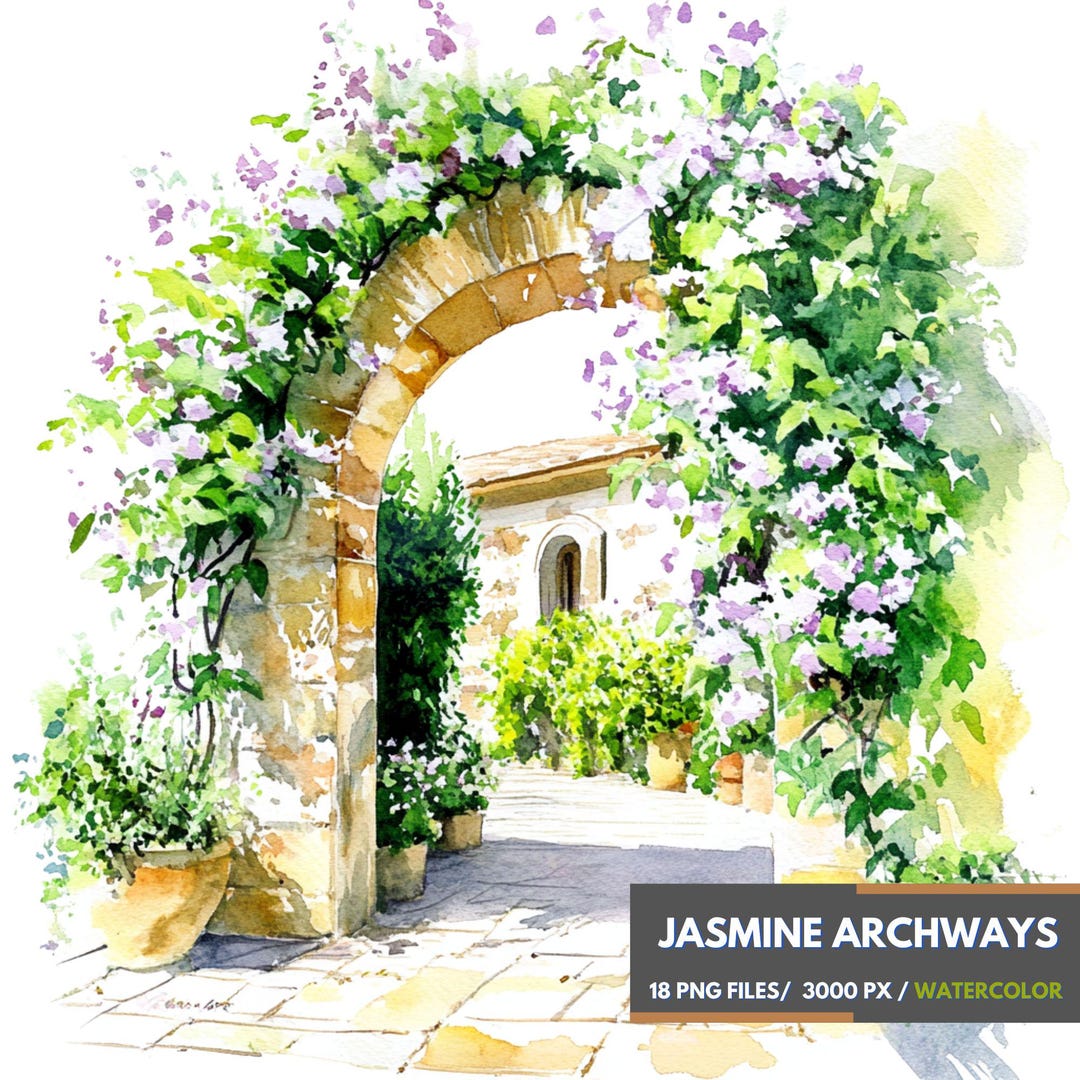 Jasmine Archway Watercolor Clipart Bundle, Rustic Garden Arch PNG Set ...