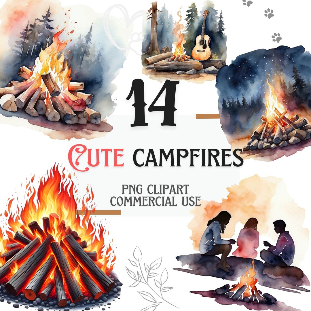 Cozy Campfire Watercolor PNG Clipart Bundle, 14 Transparent Designs for ...