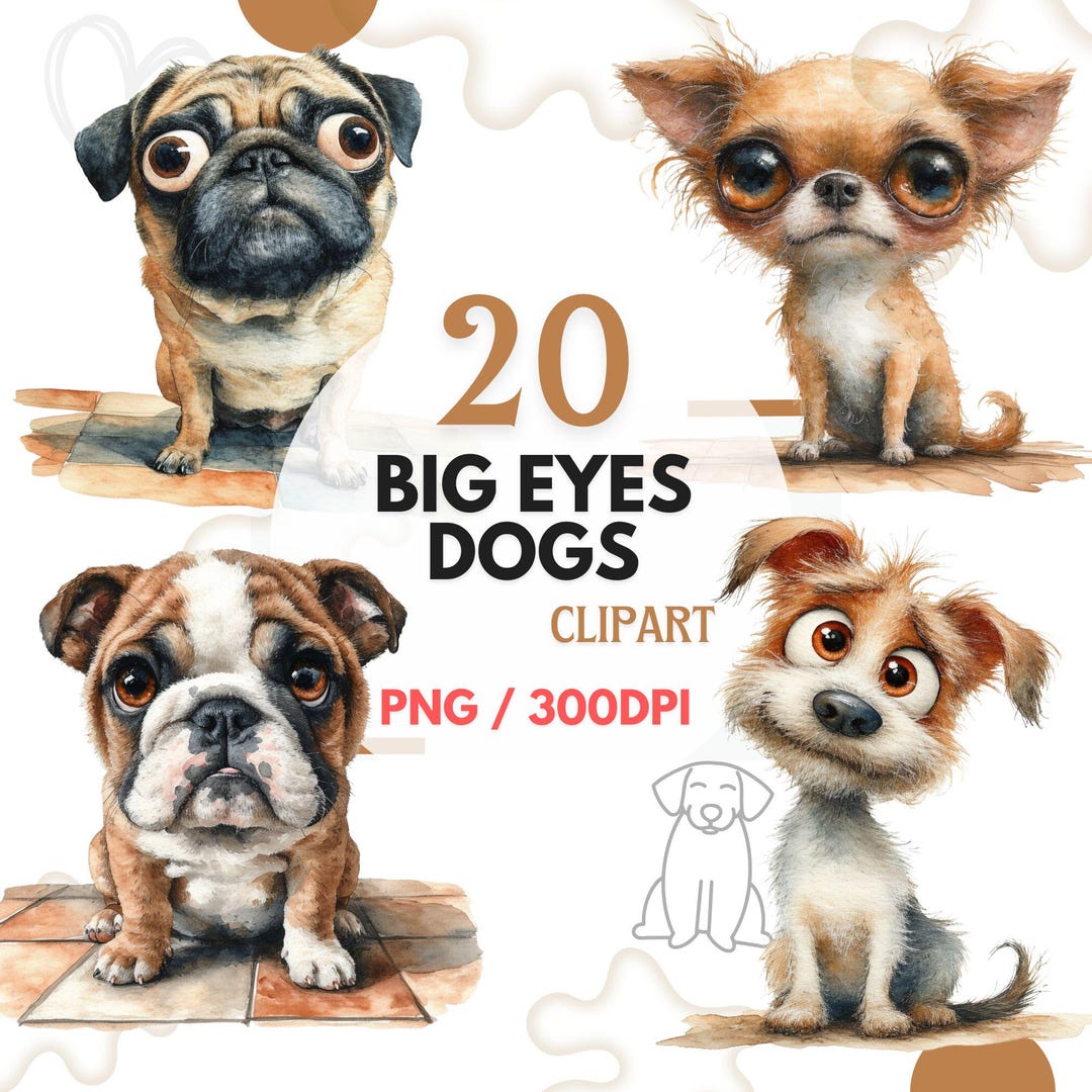 Quirky Big Eyes Dog Clipart PNG Bundle, Cute Watercolor Dog ...