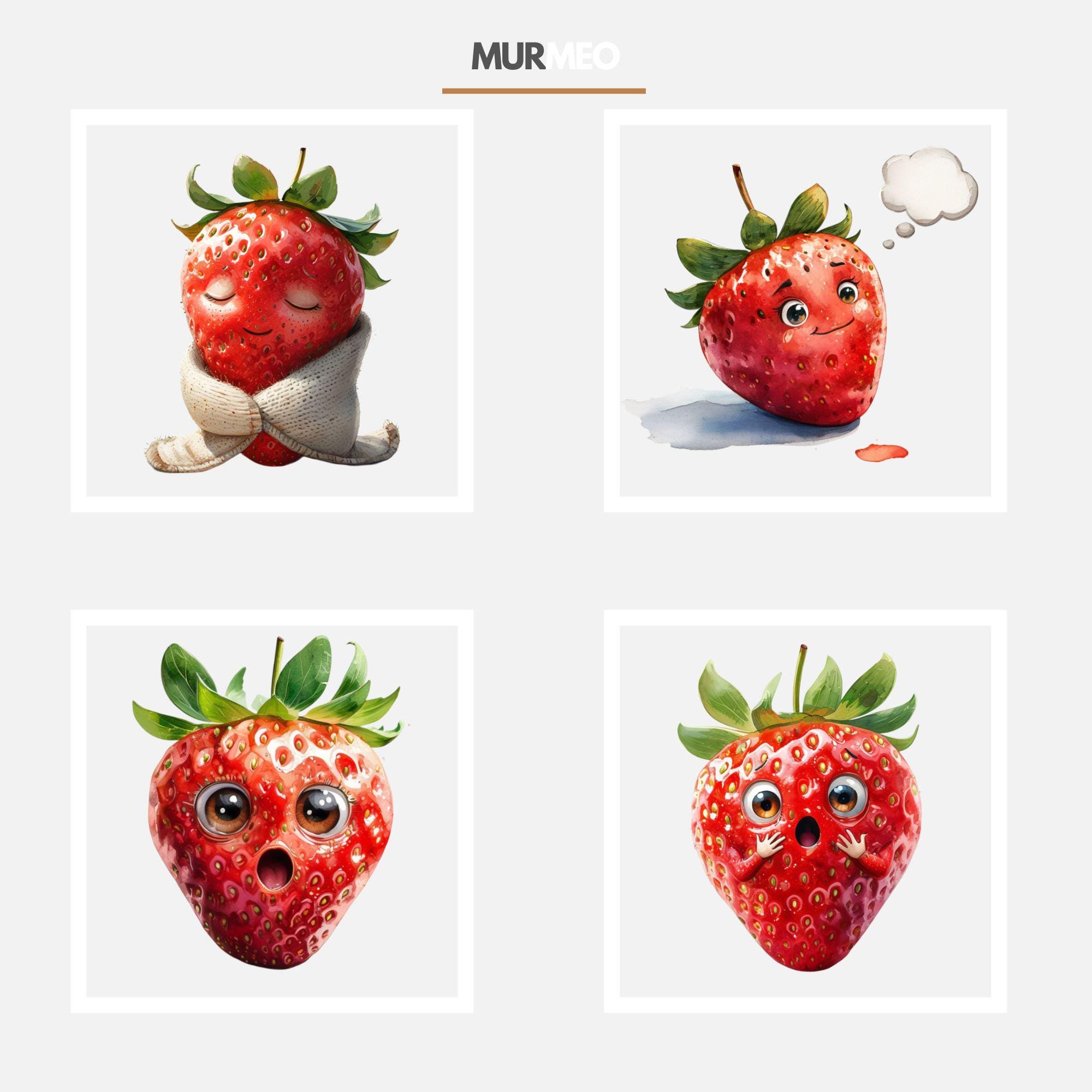 Strawberry Emotes Clipart Set, 16 PNG With Transparent Background, Cute ...