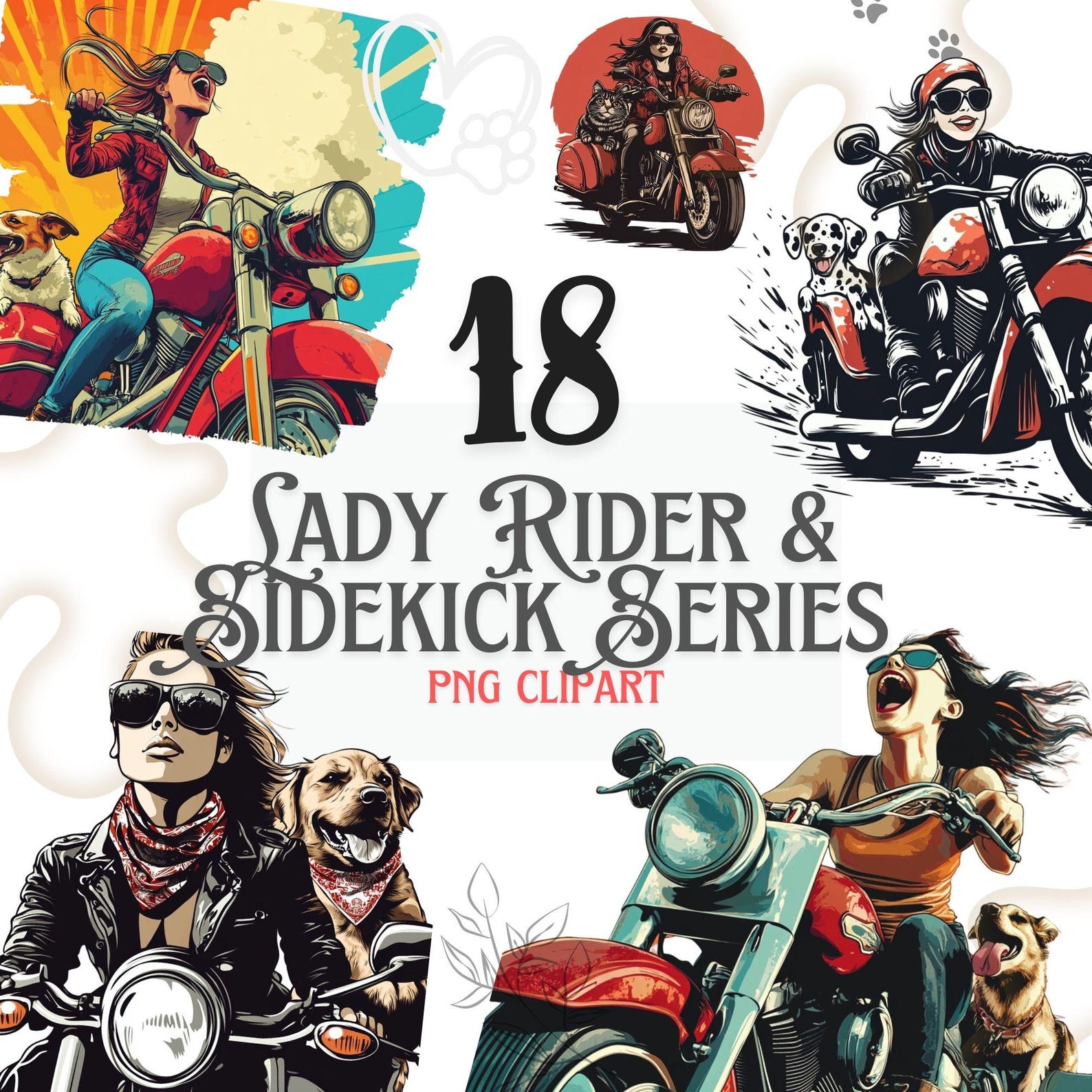 Lady Biker Clipart Bundle With Dogs PNG | 18 Cool Motorcycle Woman ...