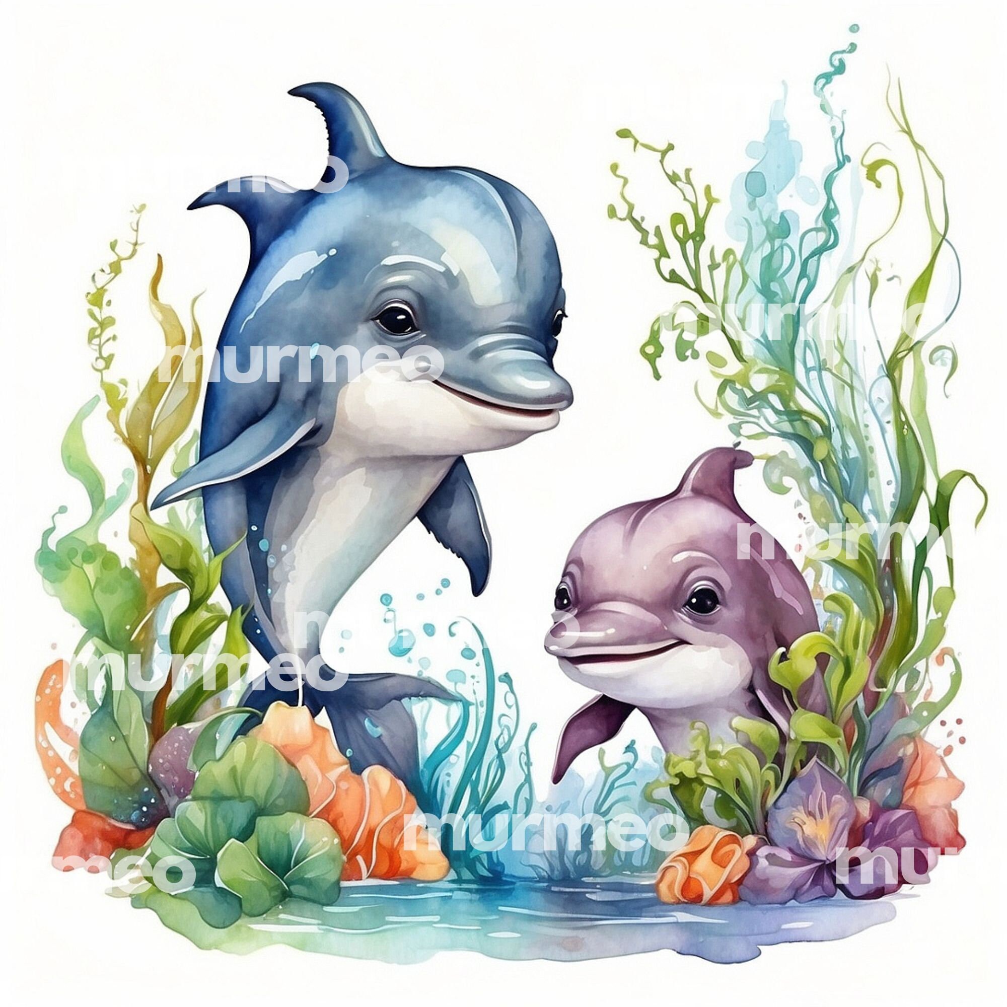 Cute Pair of Dolphins Clipart, 14 Cute Dolphins, Printable Watercolor ...