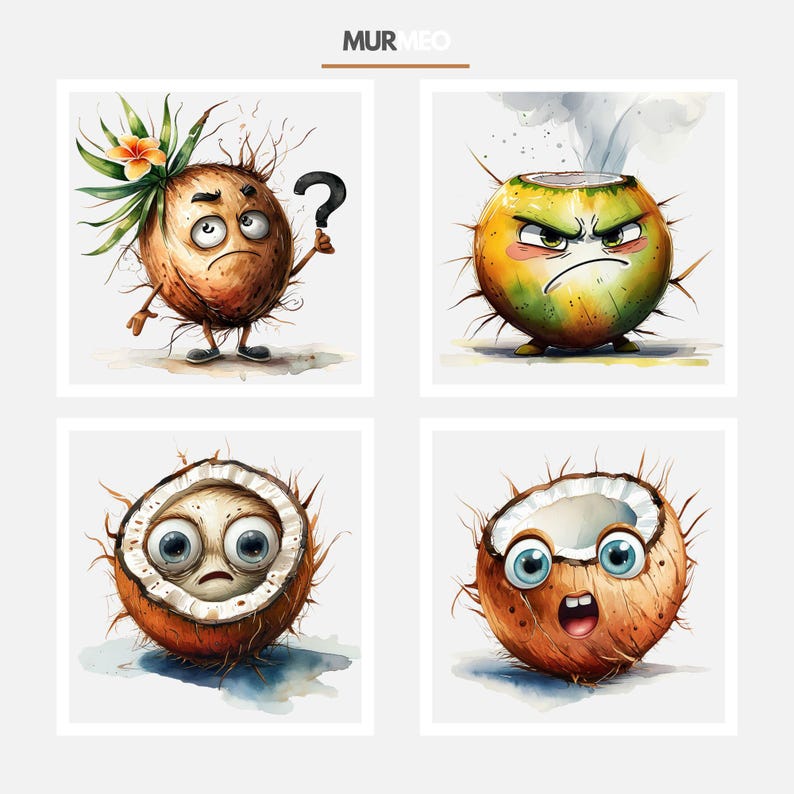 Funny Coconut Emotes PNG Bundle Cute Tropical Fruit Emoji Set Digital ...