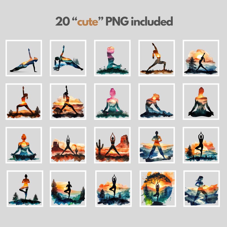 Yoga Meditation Clipart PNG Bundle, Watercolor Yoga Poses Digital Art ...