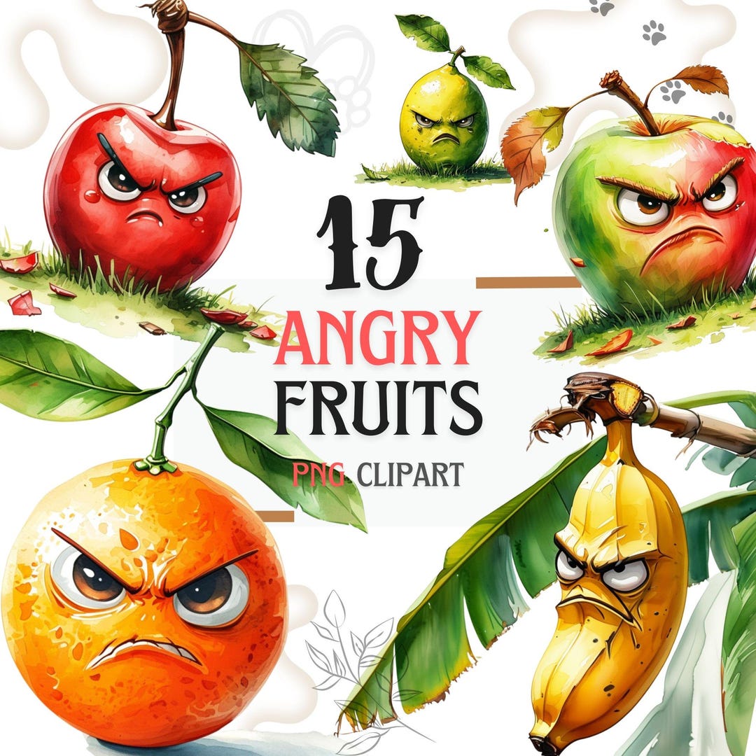 Angry Fruits Watercolor Clipart, 15 Transparent PNG Images, Evil Fruit ...