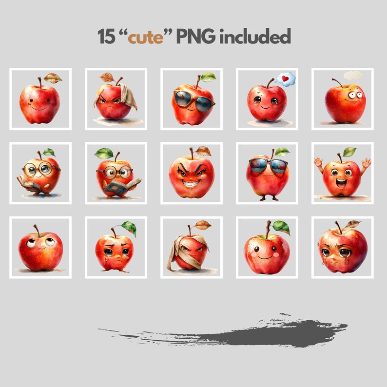 Apple Emotes Clipart Set, 15 Cute Apple PNG Images With Transparent ...