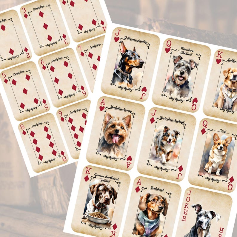 Dog Breeds Playing Cards Deck, 54 Printable Poker Cards, Cute Puppy ...