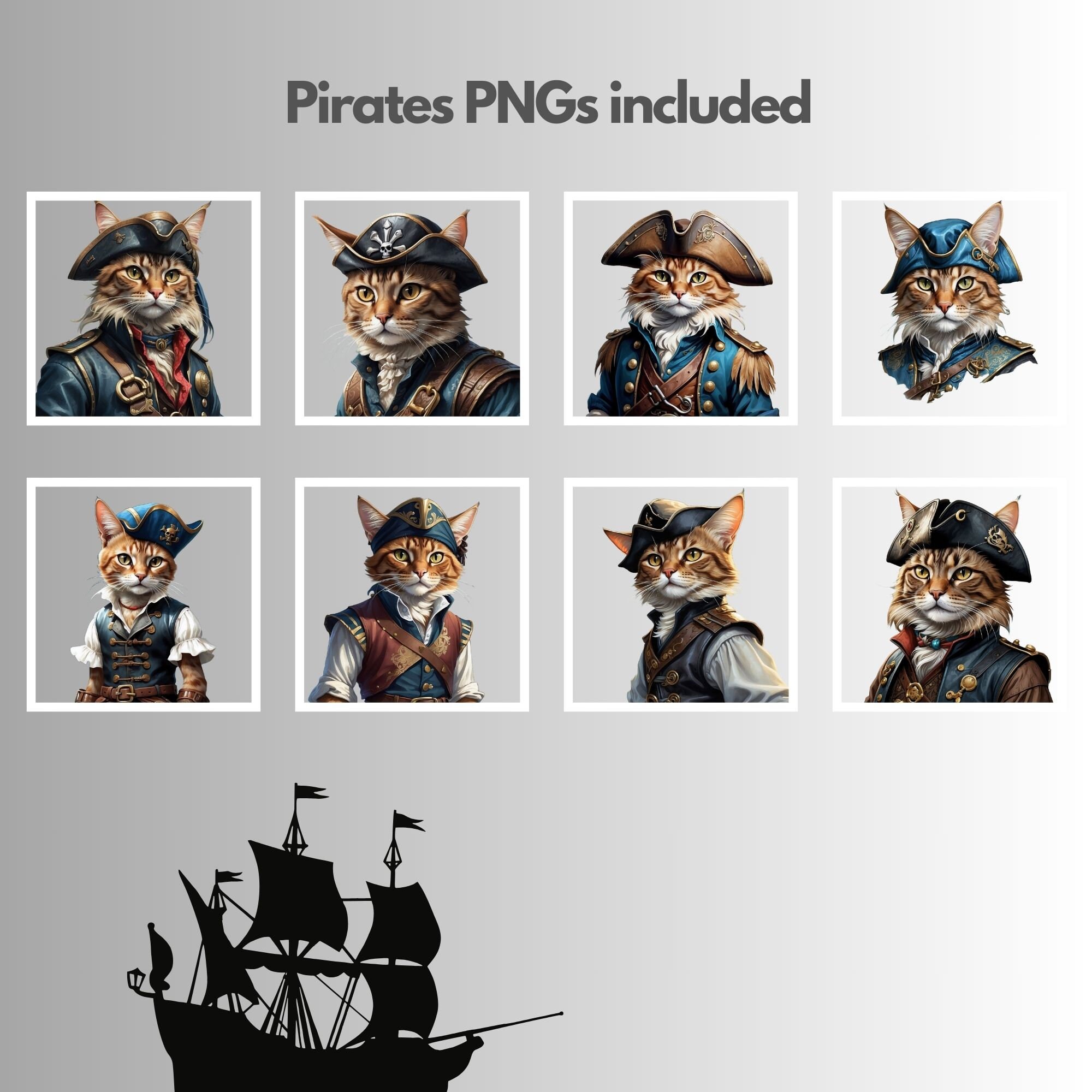 Pirate Cats Clipart, 8 Transparent PNG Poster Set, Fun Feline Graphics ...