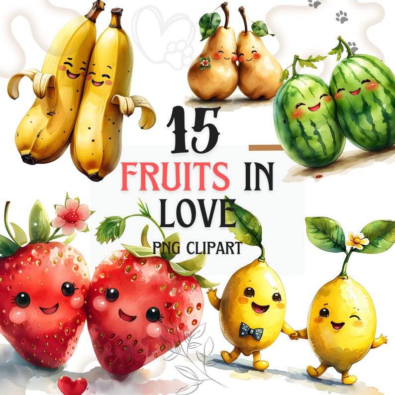 15 Fruits in Love PNG Clipart, Cute Fruit Couples for Valentine's Day ...