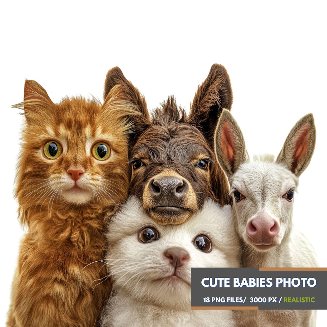Realistic Baby Animal PNG Bundle, Cute Kitten Donkey Puppy Goat ...