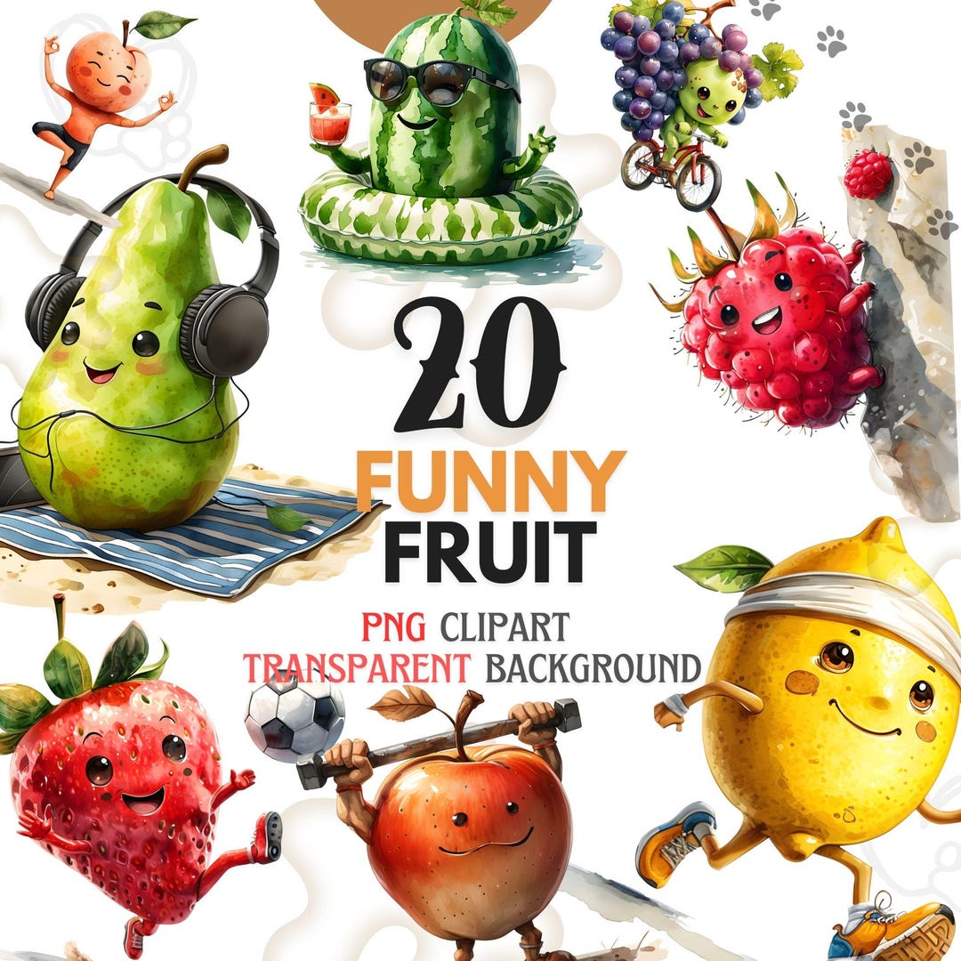 Funny Fruit Characters Clipart, Cute Cartoon Watercolor PNG Fruit ...