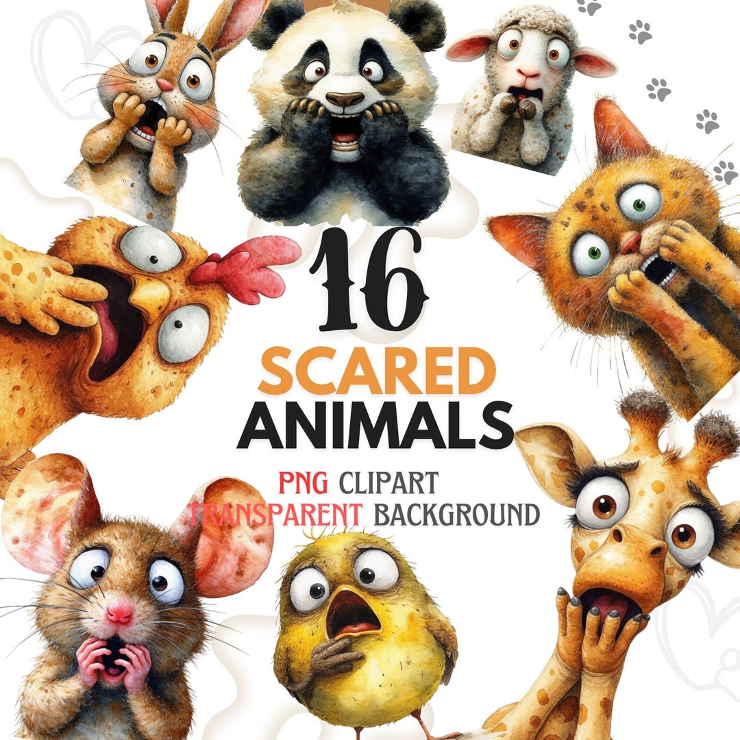 Scared Animals PNG Clipart Set, 16 Funny Animal Illustrations, Cute ...