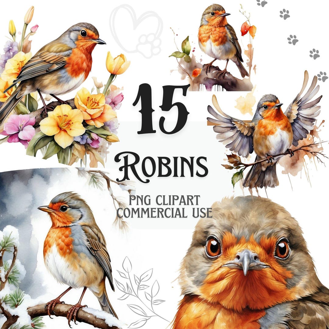 Robins Clipart Set, Cute Watercolor Robins Birds in Natural Colors ...