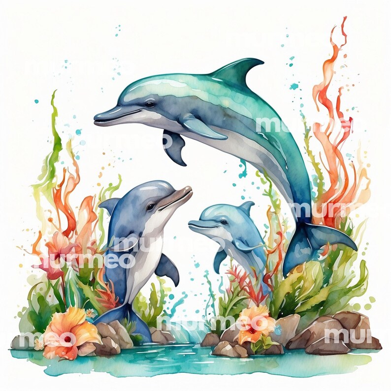 Cute Pair of Dolphins Clipart, 14 Cute Dolphins, Printable Watercolor ...
