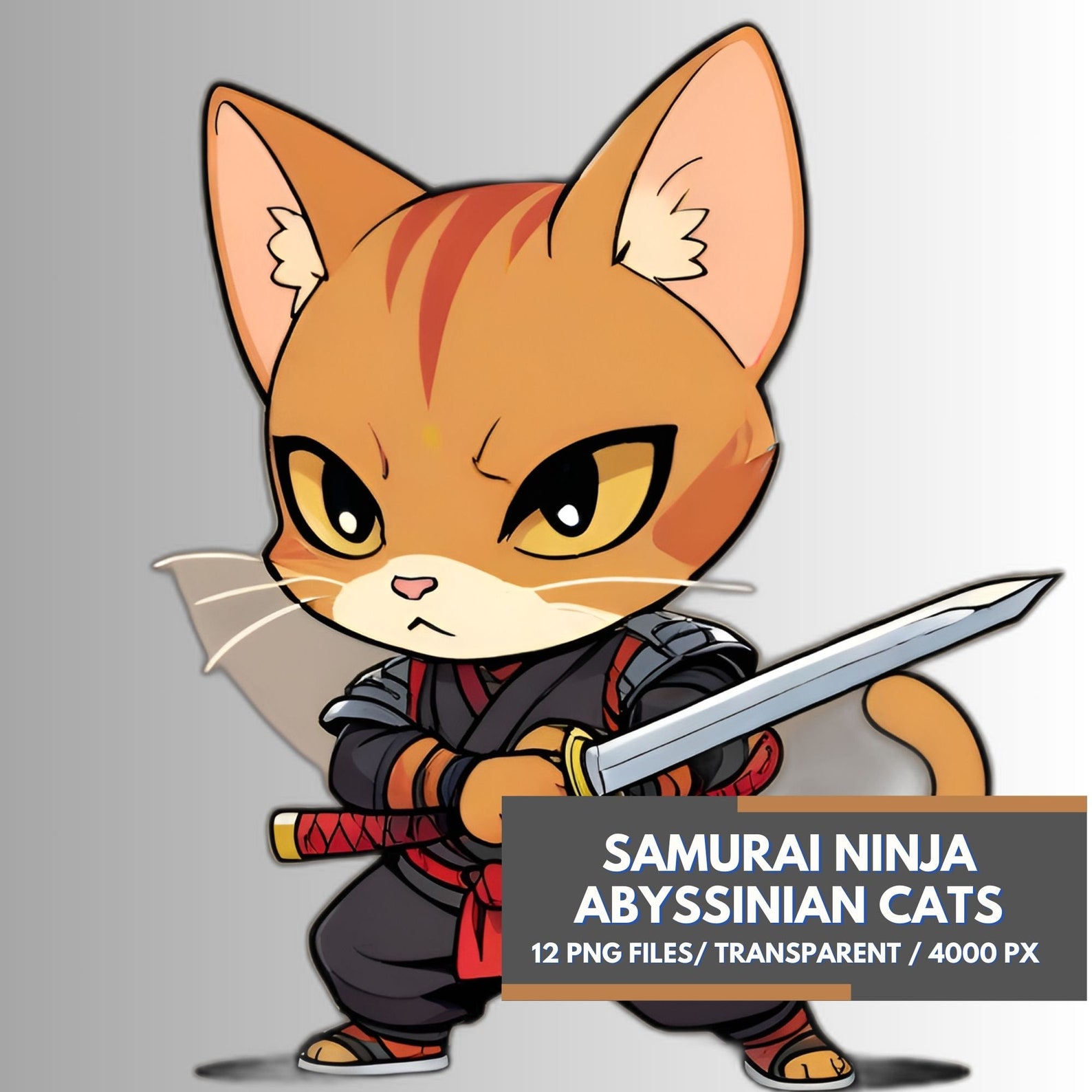 Abyssinian Samurai Clipart, 12 Transparent PNG, Unique Samurai Kitten ...