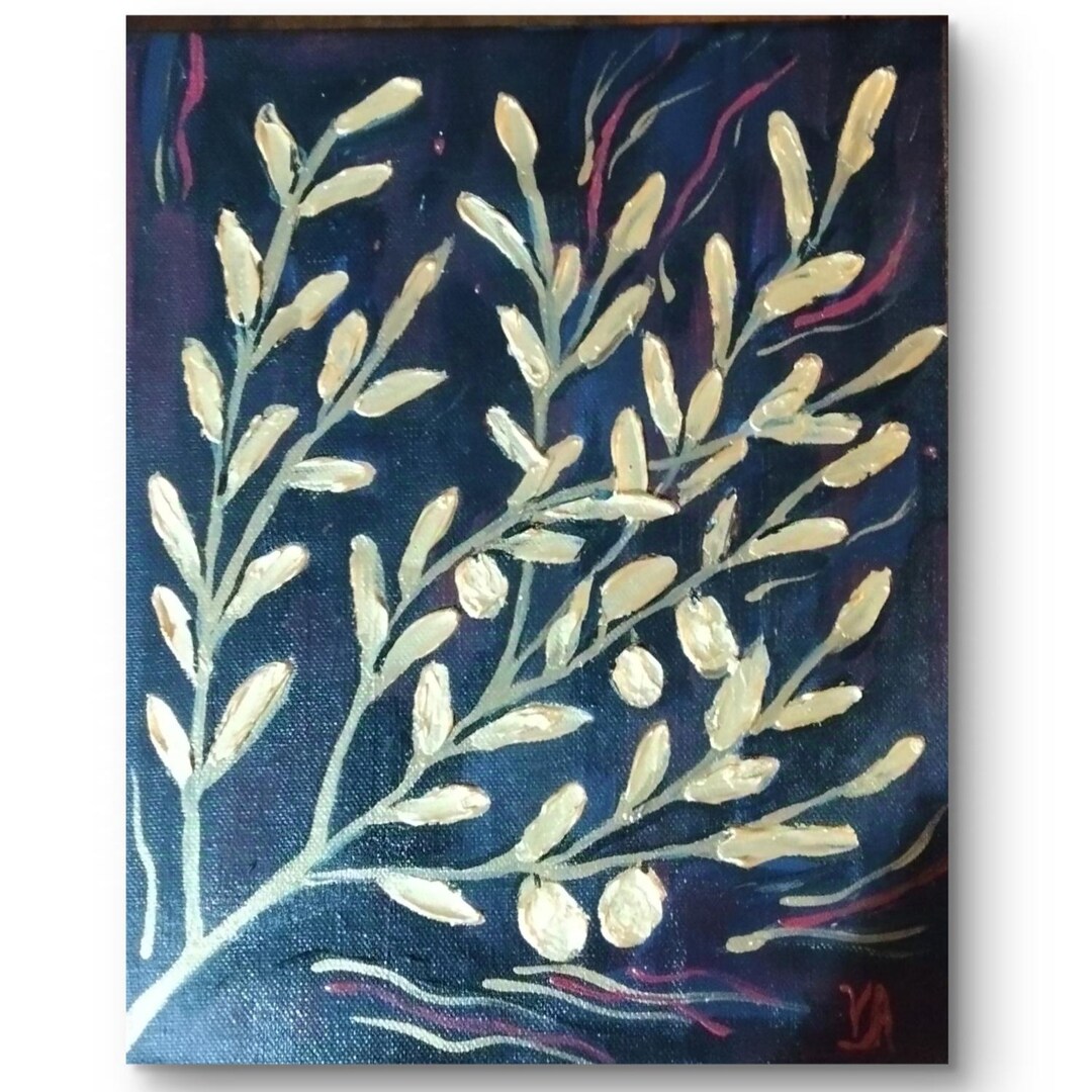 Textured Olive Branch Painting: Golden Acrylic Art on Black (11.8x10 In ...