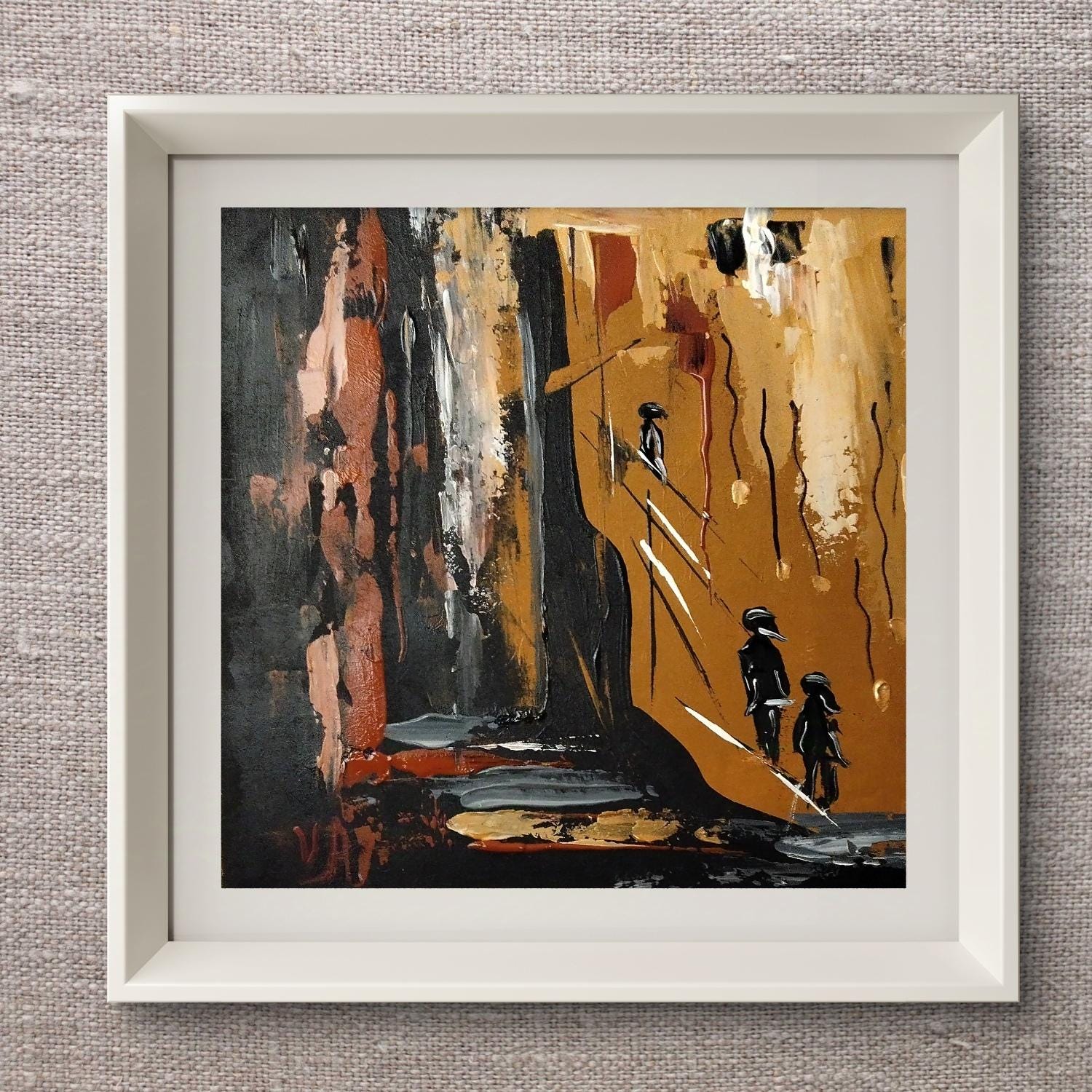 Acrylic Figures Abstract Artwork With People in Beige Brown and Grey ...