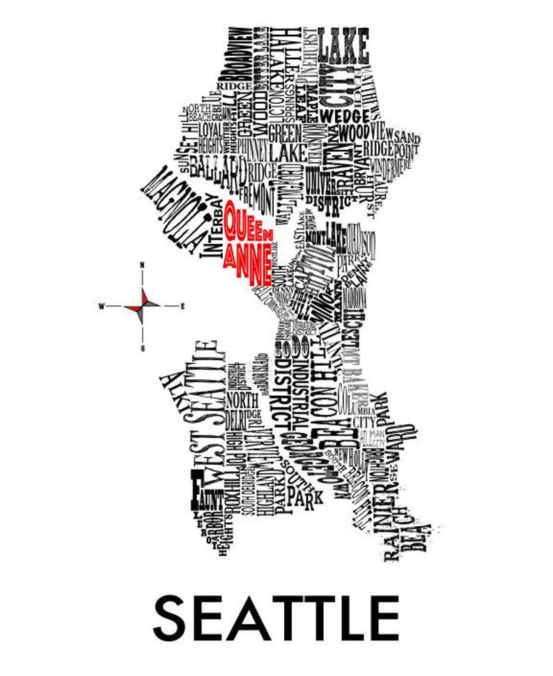 Customizable-seattle Neighborhood Map 11 X 14 Print - Etsy