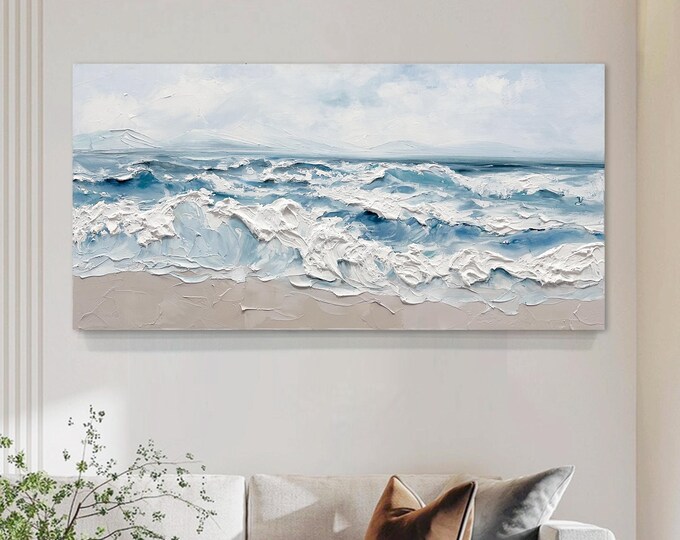 3D Ocean Hand Texture Oil Painting Abstract Blue Sea Home Decor Art ...