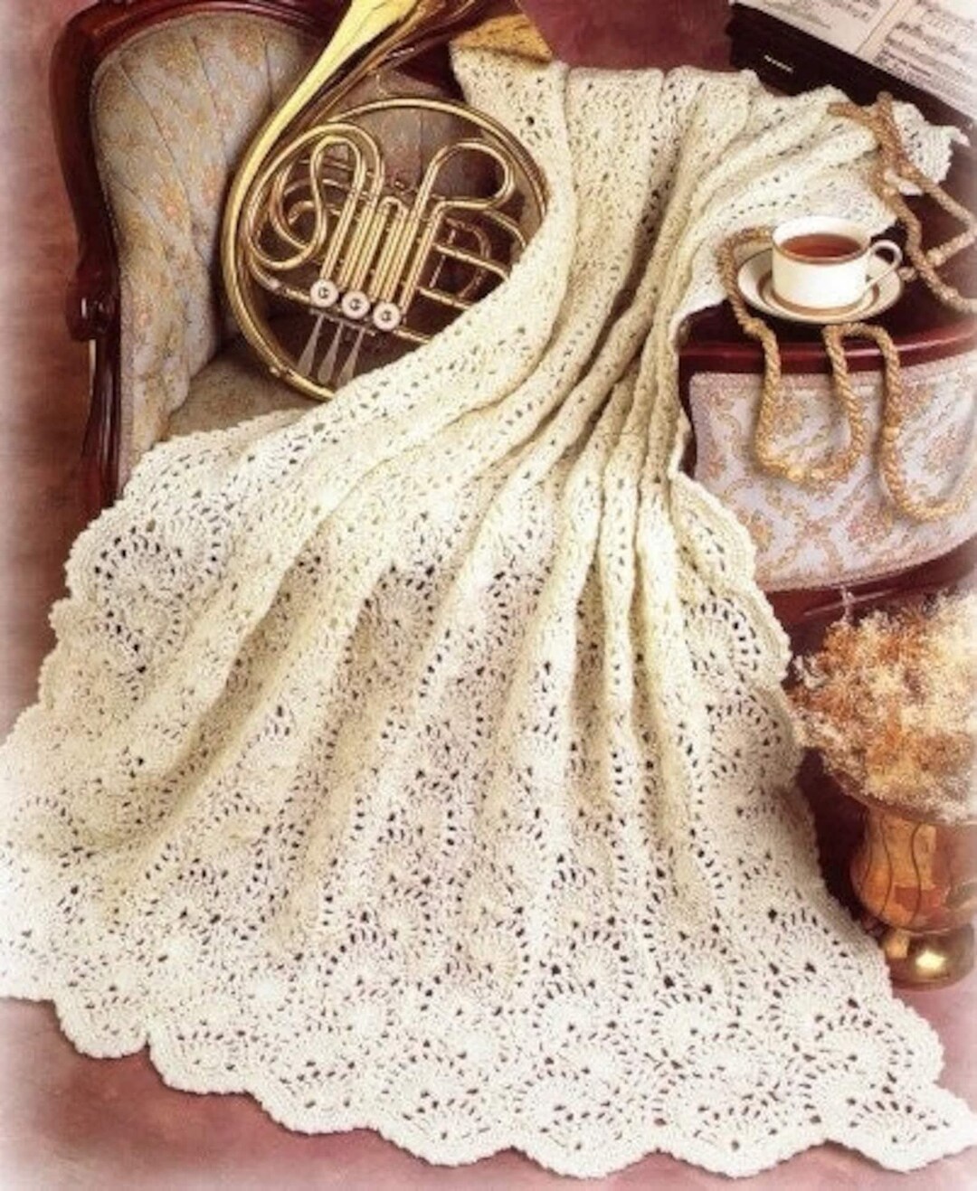 Wavy Shells Crochet Afghan Pattern in PDF Vintage English Size 54 X 49 ...