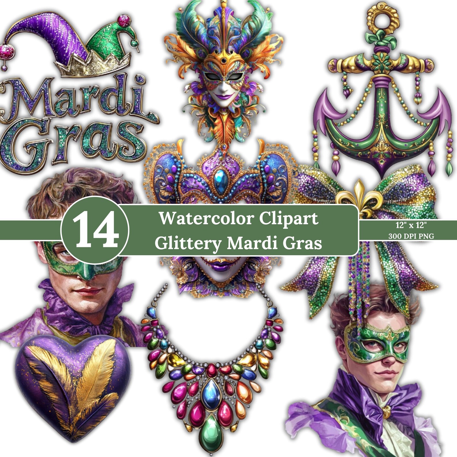 Set of 14 Watercolor Clipart, Glittery Mardi Gras, Transparent ...