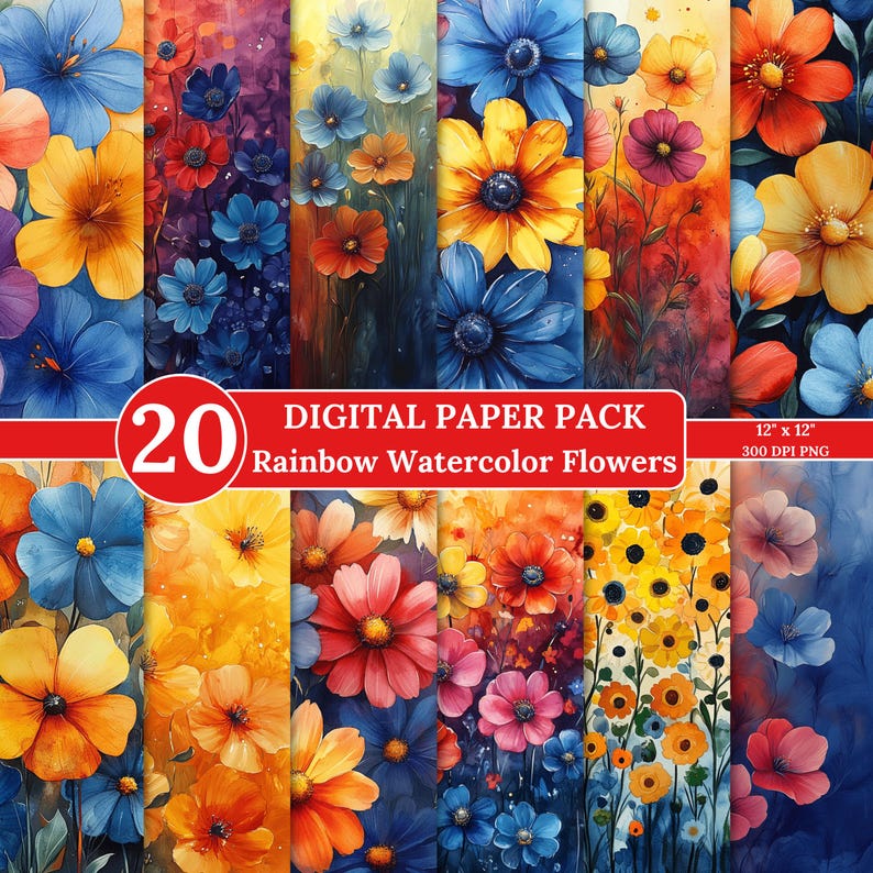 20 Watercolor Digital Paper, Rainbow Flowers, for Scrapbooking, Junk ...