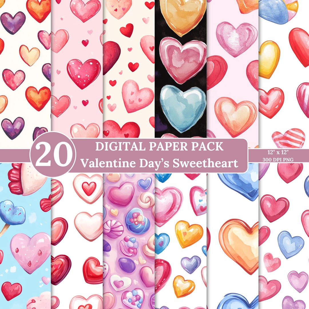 20 Watercolor Digital Paper, Valentine's Day Sweatheart, for ...