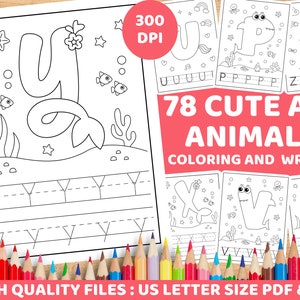 78 Cute ABC Animals Coloring and Writing School Practice Easy Pages for ...