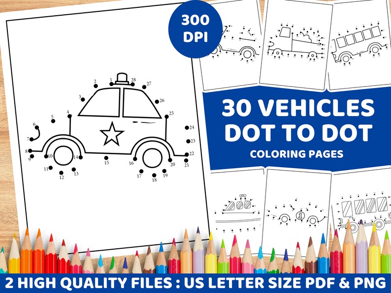 30 Vehicles Dot to Dot Coloring Pages Easy for Kids Children Minimalist ...