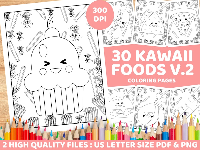 30 Kawaii Foods V.2 Coloring Pages Easy for Kids Children Printable ...