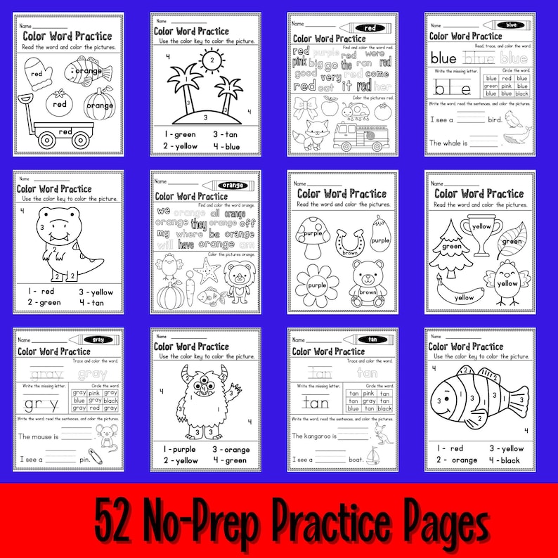 Color Words Handwriting Worksheets Practice Pre-primer Kindergarten ...