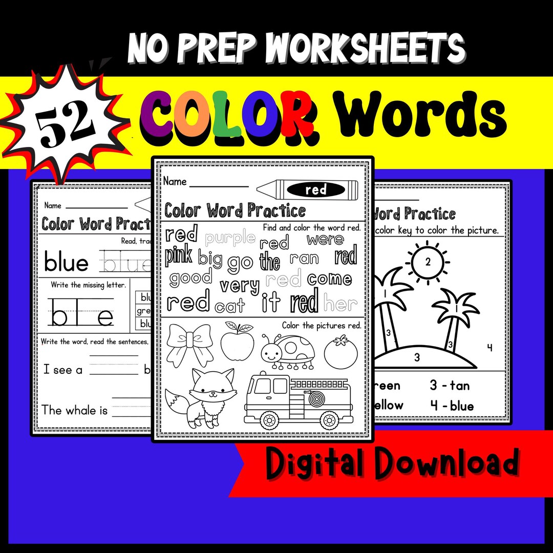 Color Words Handwriting Worksheets Practice Pre-primer Kindergarten ...