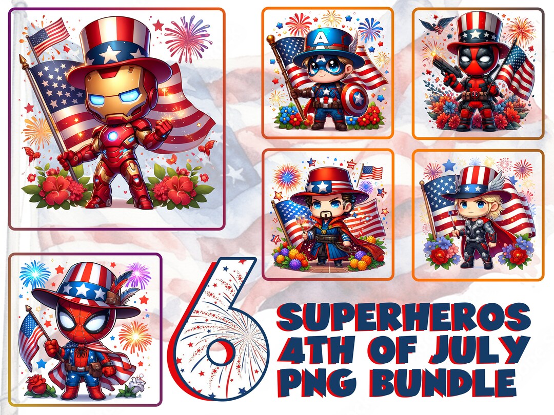 6 Superhero Cartoon Fourth of July Png, Independence Day Png, Cartoon ...