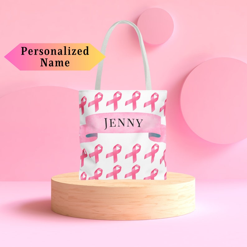 Pink Ribbon Tote Bag, Breast Cancer Awareness, Custom Name Tote Bag ...