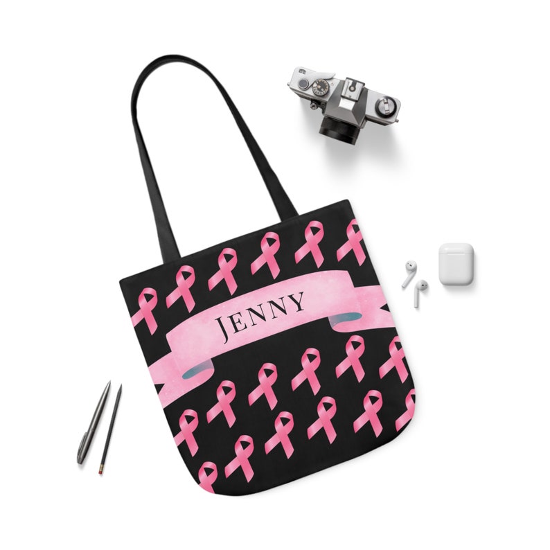 Pink Ribbon Tote Bag, Breast Cancer Awareness, Custom Name Tote Bag ...